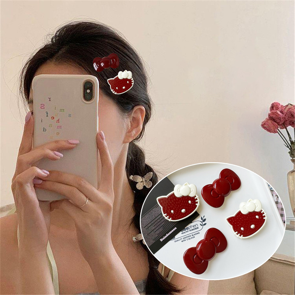 New Red Bow KT Cat Hair Clip for Women Sweet Side Bangs Hair Clip Hair ...