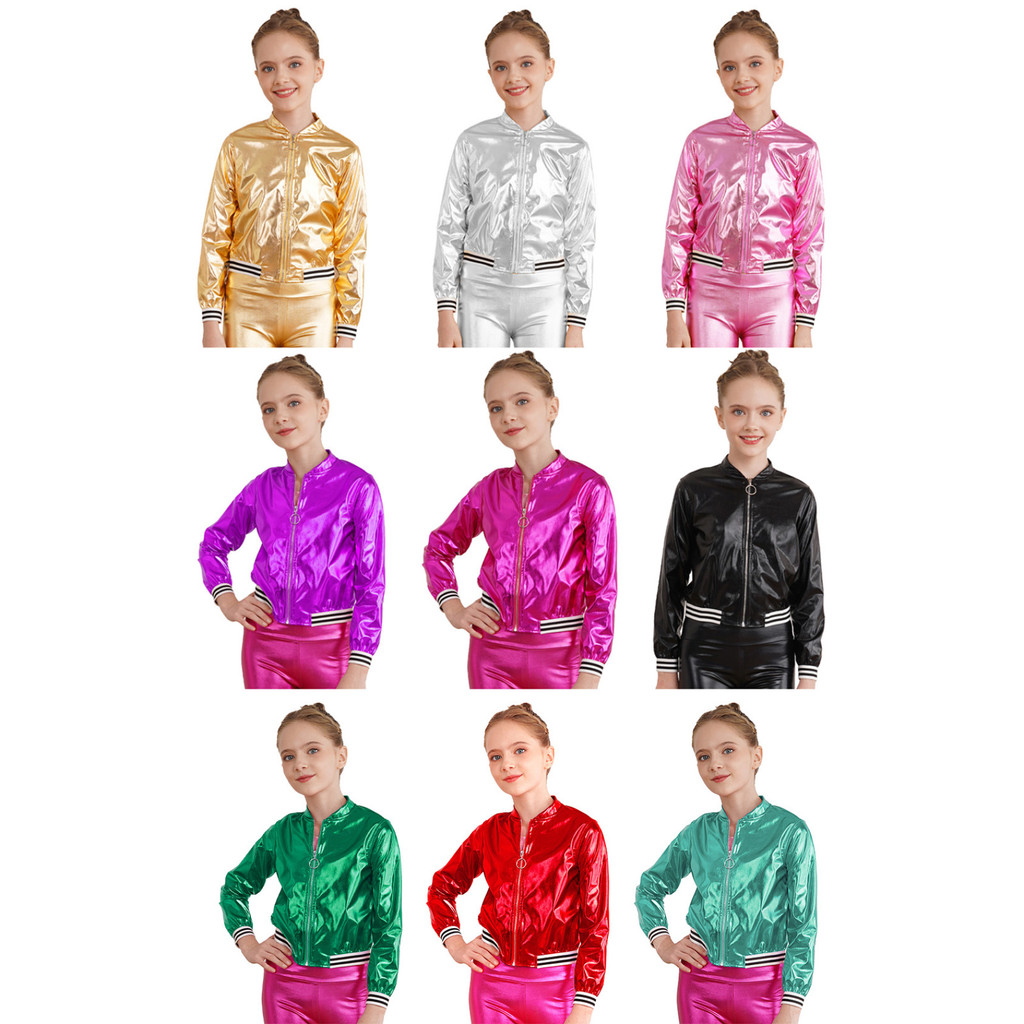 Moily Metallic Bomber Jacket for Girls Zip Up Cropped Jacket Sparkly ...