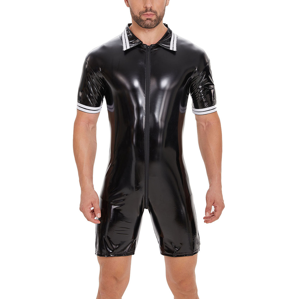 Plus Size Men PVC Shiny Leather Jumpsuit Sexy Zipper Crotch Open ...