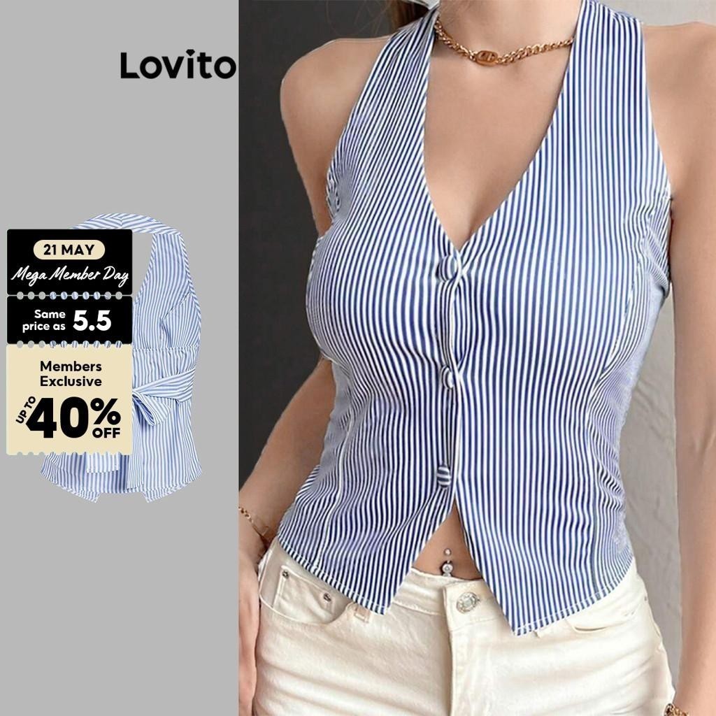 Lovito Women Elegant Tank Top Striped Tie Back Button Tank Top ...