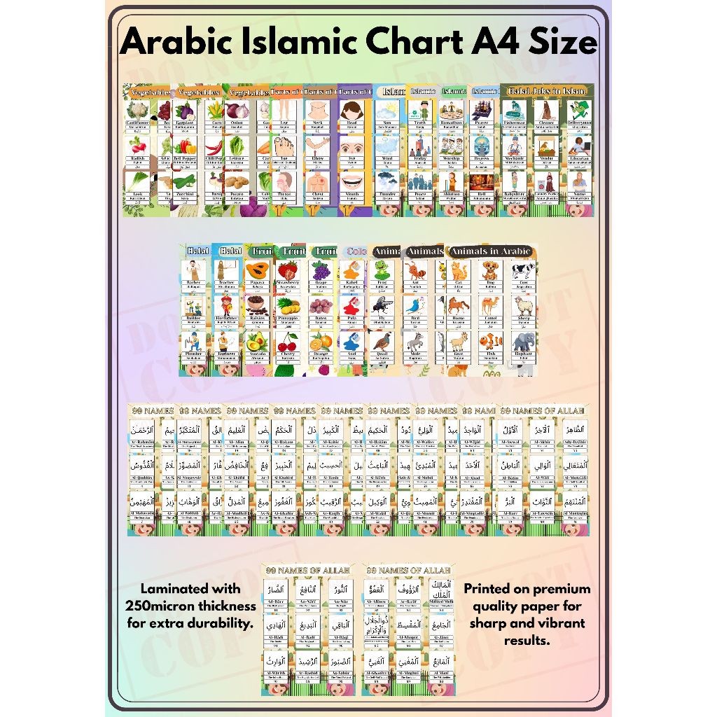 99 Names of ALLAH, Arabic Educational Charts A4 | Laminated | Shopee ...