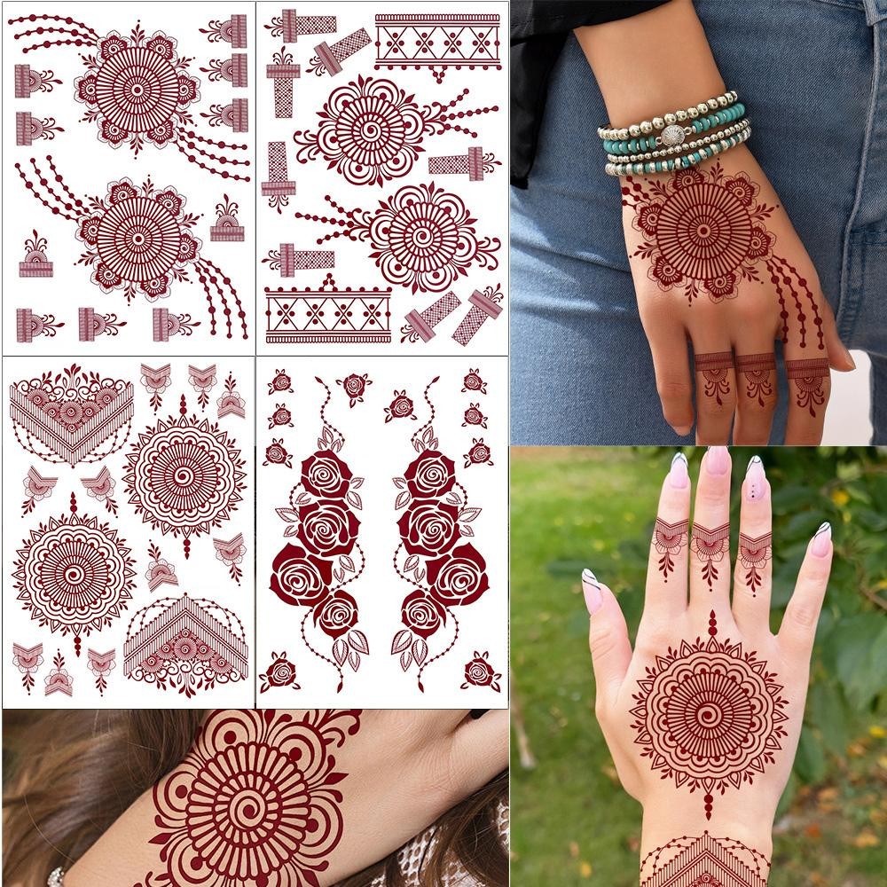 Henna Hand Tattoo Stickers Maroon Brown Henna Tattoo Stickers for Women ...