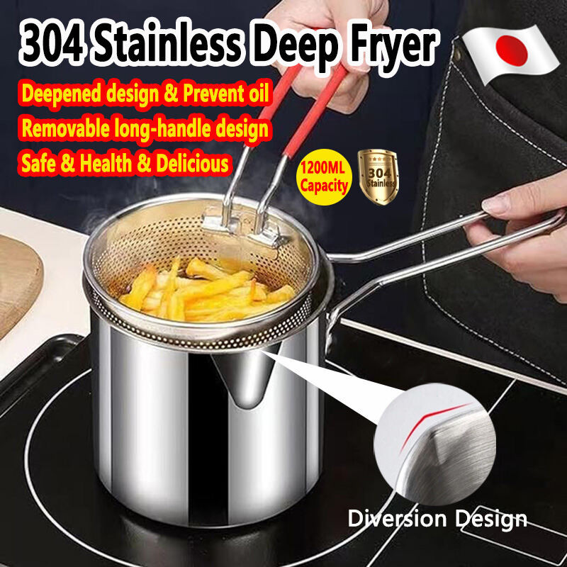 304 Stainless Deep Fryer Pot With Strainer 1.2L Multifunctional small ...