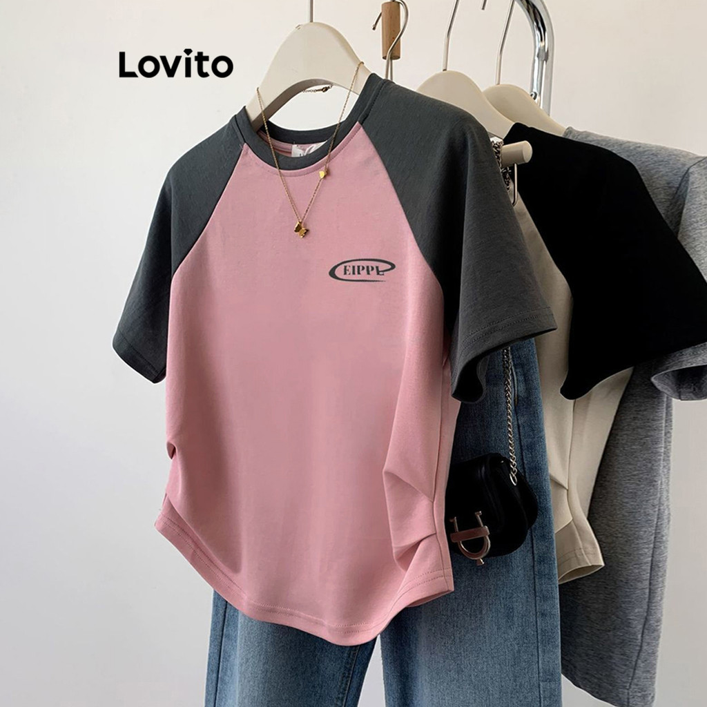 Lovito Women Casual T-Shirt Plain Colorblock Pattern T-Shirt LNE27066 ...