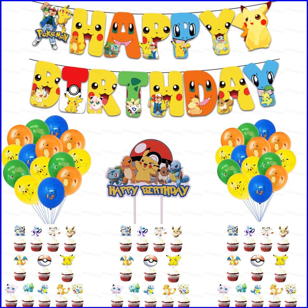 Pikachu Pokemon Party decorations Birthday set banner cake card swril ...