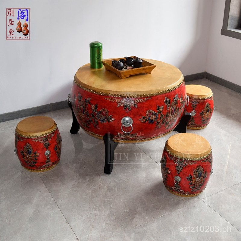Creative Painted Drum Table Drum Stool Vintage Solid Wood Cowhide ...