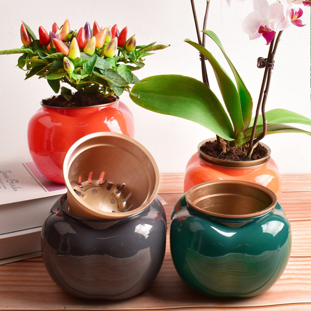 GHqy_ 1 Set Flower Pot Dual Layer Shatterproof Plastic Decorative Plant ...