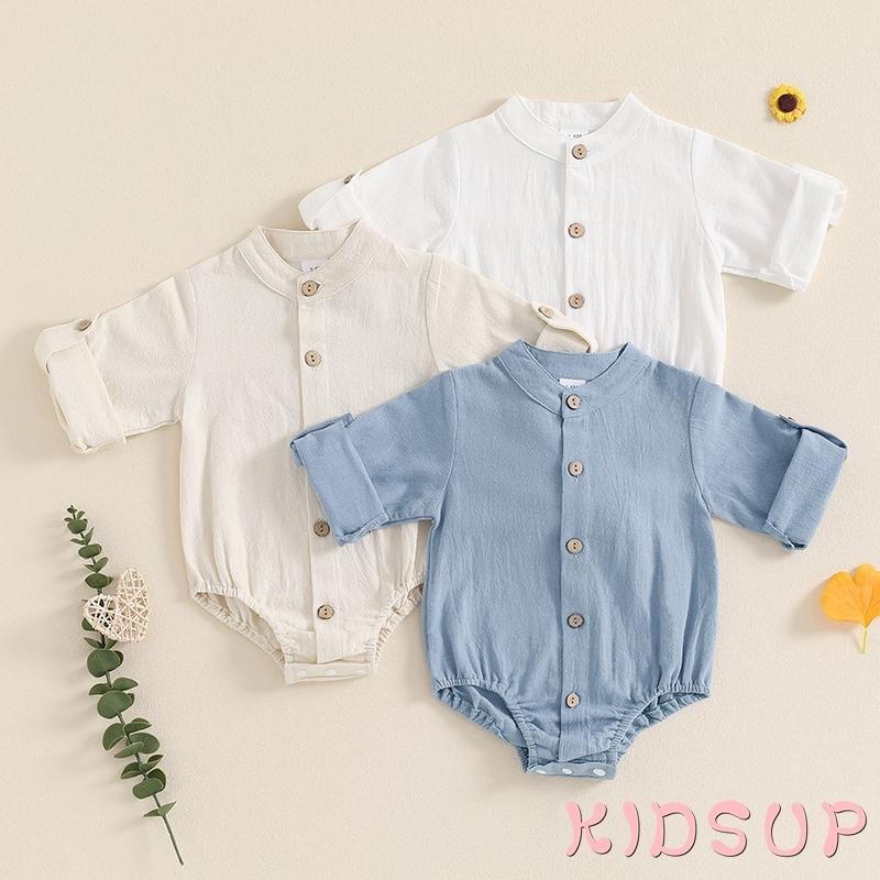 KIDSUP1-Baby Boys Rompers Solid Color Buttons Long Sleeve Toddler Fall ...
