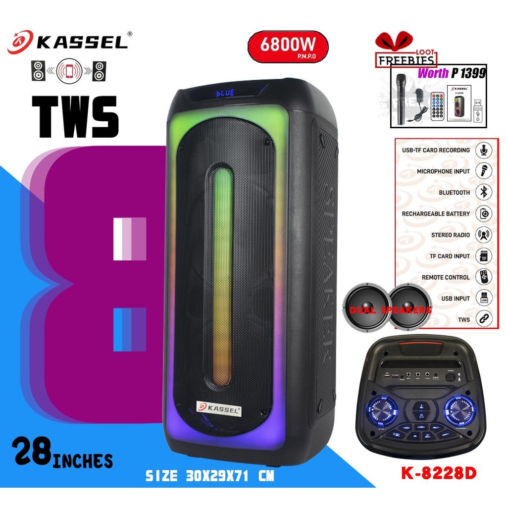 KASSEL 28Inches 2x8" Bluetooth Karaoke Speaker Colored LED Light FREE ...