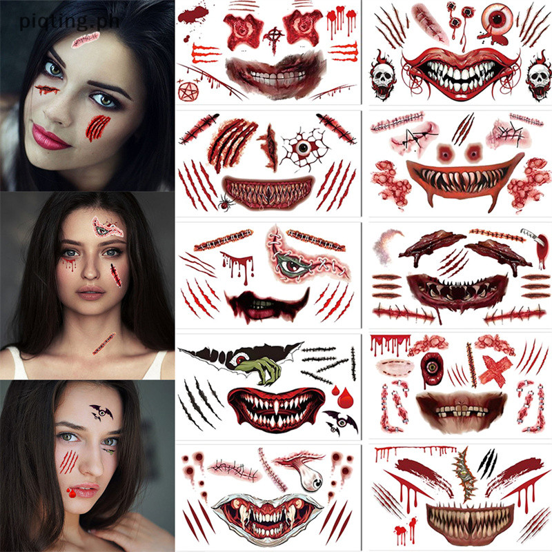 PP 10pcs/set Halloween Tattoo Stickers Scary Wounds Scar Water Transfer ...