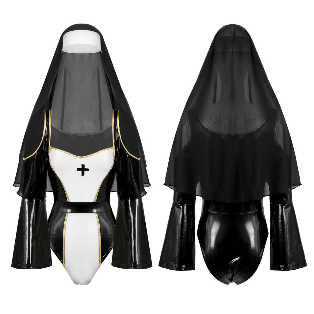 Women Wet Look Patent Leather Halloween Nun Cosplay Costume Flare ...