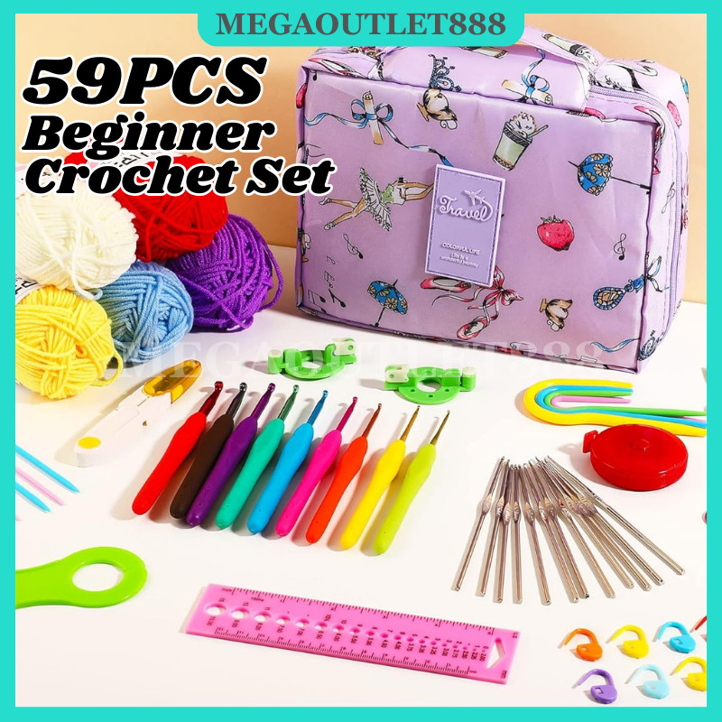 59PCS Crochet Kits Crochet Hooks Accessories Knitting Wools Yarn Weaving Tools Embroidery Cross ...