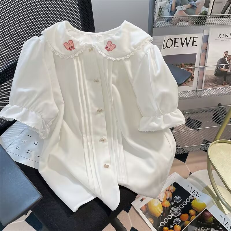 Embroidered Lace Doll Collar Shirt Short Sleeve Lotus Leaf Shirt Top ...