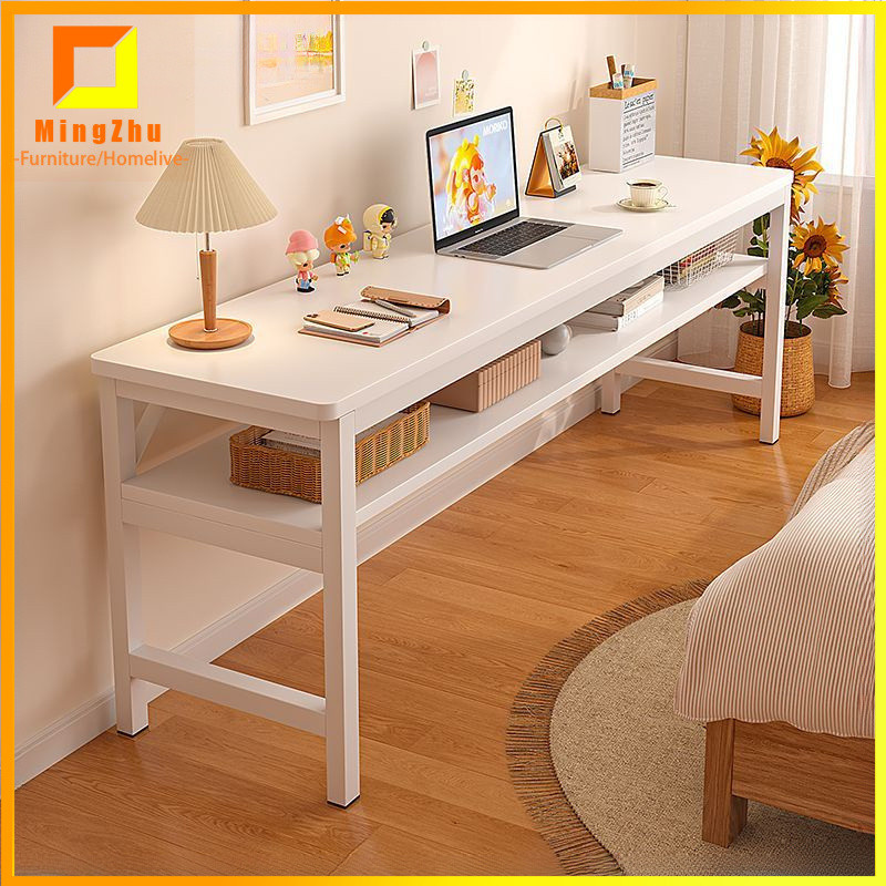 Study table Long Table Double Desk Household Steel Wooden Workbench Office Computer Back Wall ...