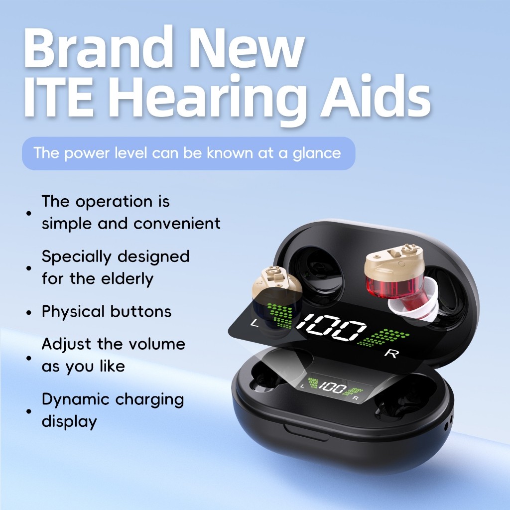In-ear hearing aid with mobile digital display charging case and ...