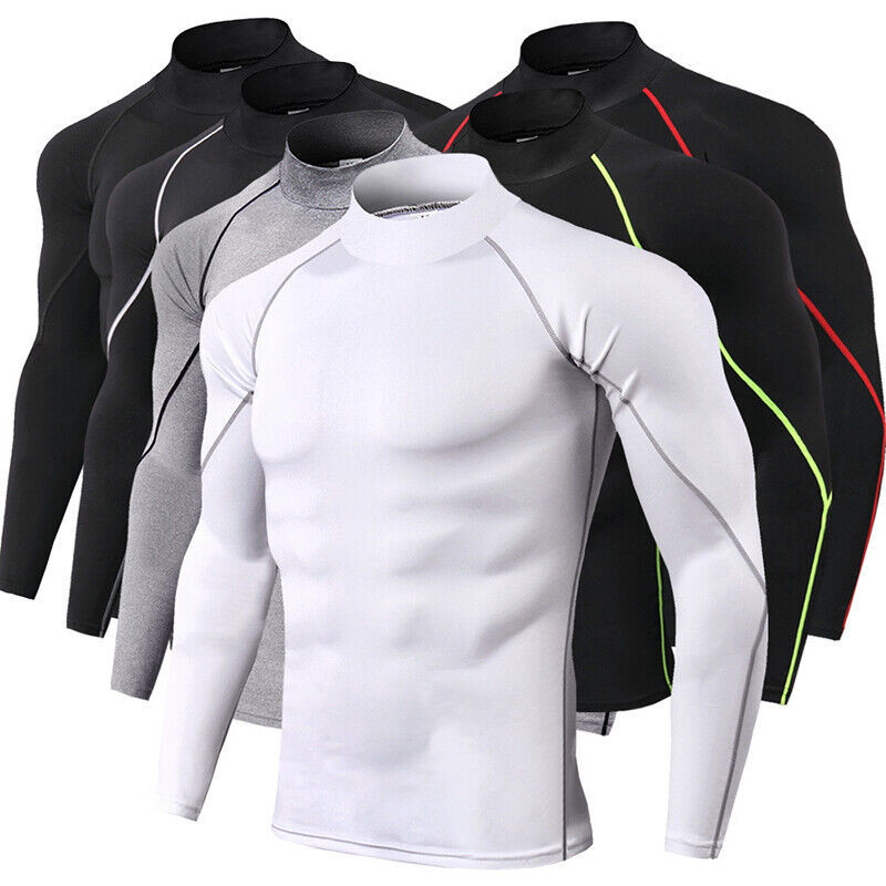 Mens Turtleneck Compression Base Layer Tops Gym Tight Athletic Long ...