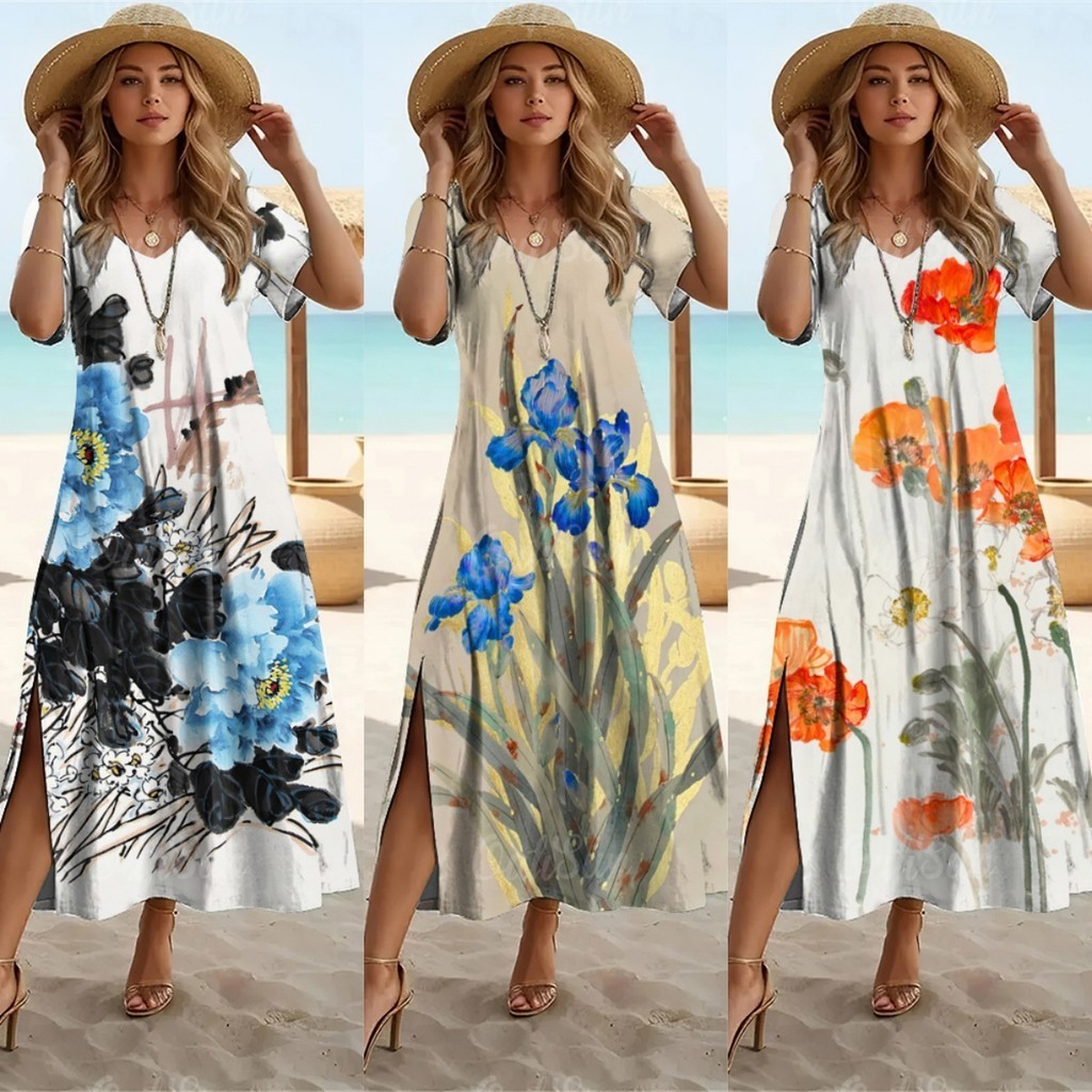 Ink Painting Women's Long Dress Ink Floral Print v-Neck Slit Dress ...