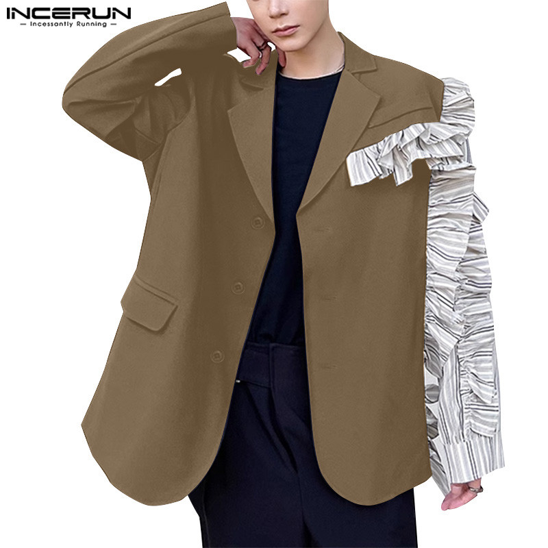 INCERUN Men Korean Asymmetrical Ruffled Striped Patchwork Casual Blazer ...