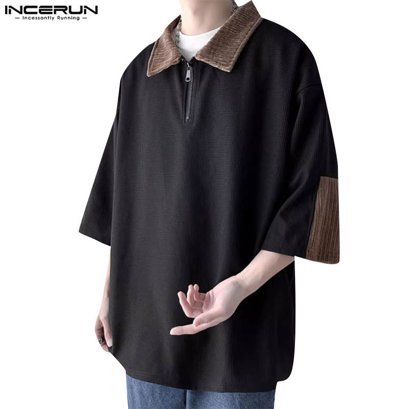 INCERUN Men Korean Casual Lapel Half Sleeve Contrast Color Patchwork ...