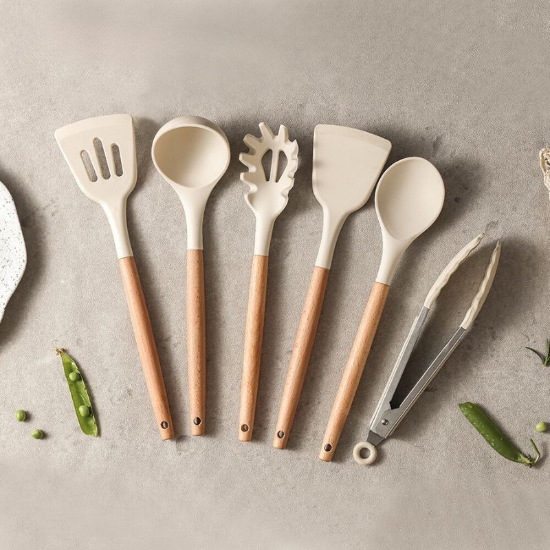 6pcs Wooden Handle Slotted Cream Color Non-stick Food Grade Silicone ...