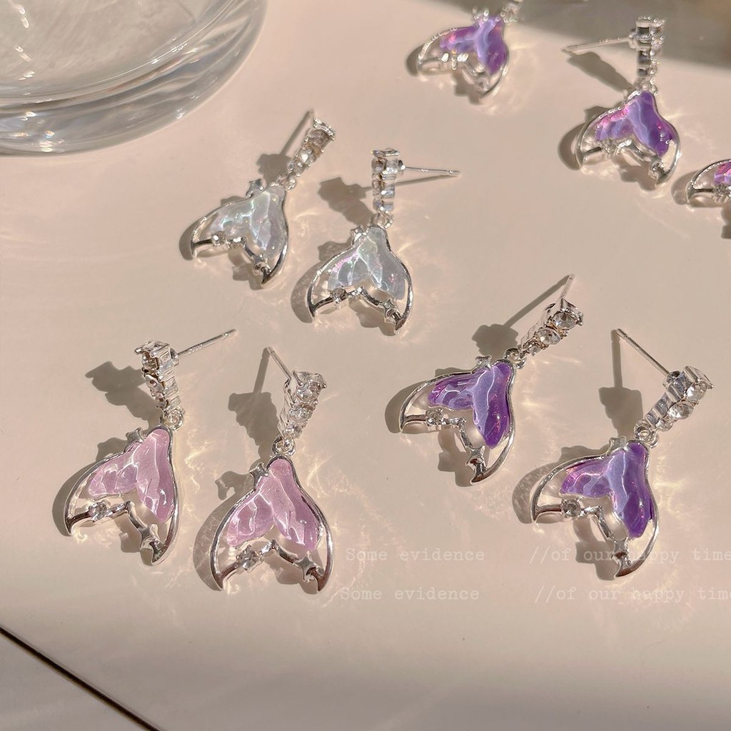 Mermaid Laser Purple Fishtail Earrings Women's Silver Needle Niche ...