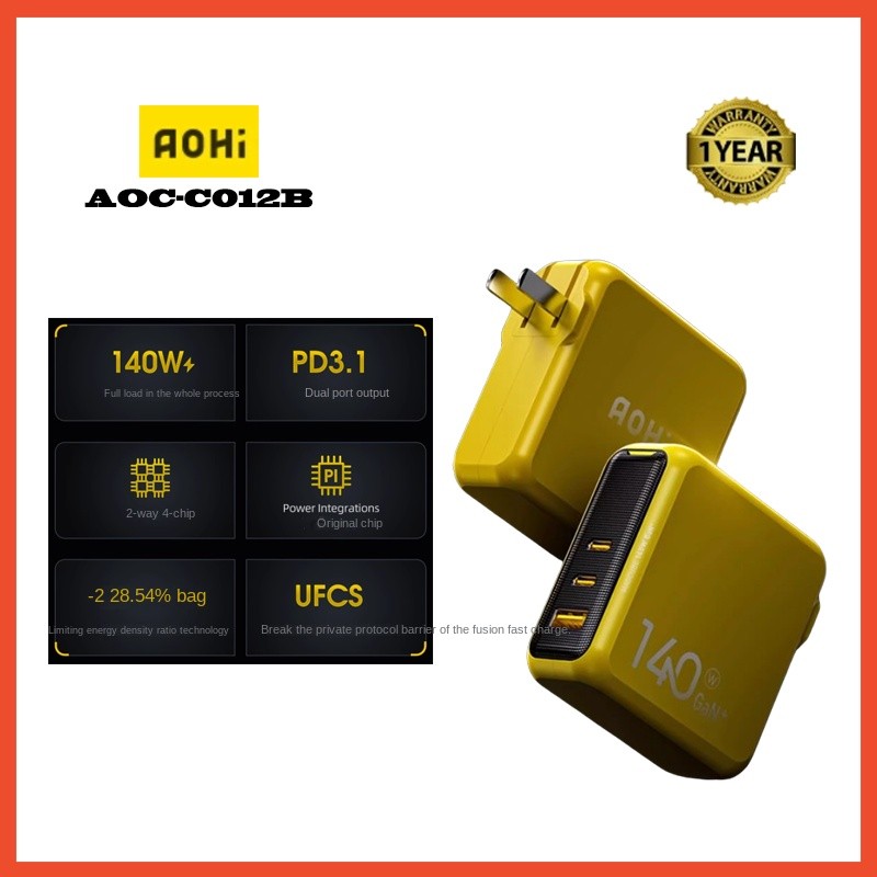 AOHI AOC-C012B 140W Gallium Nitride GaN Charger Head PD3.1 Super Fast Charge 100W Desktop ...