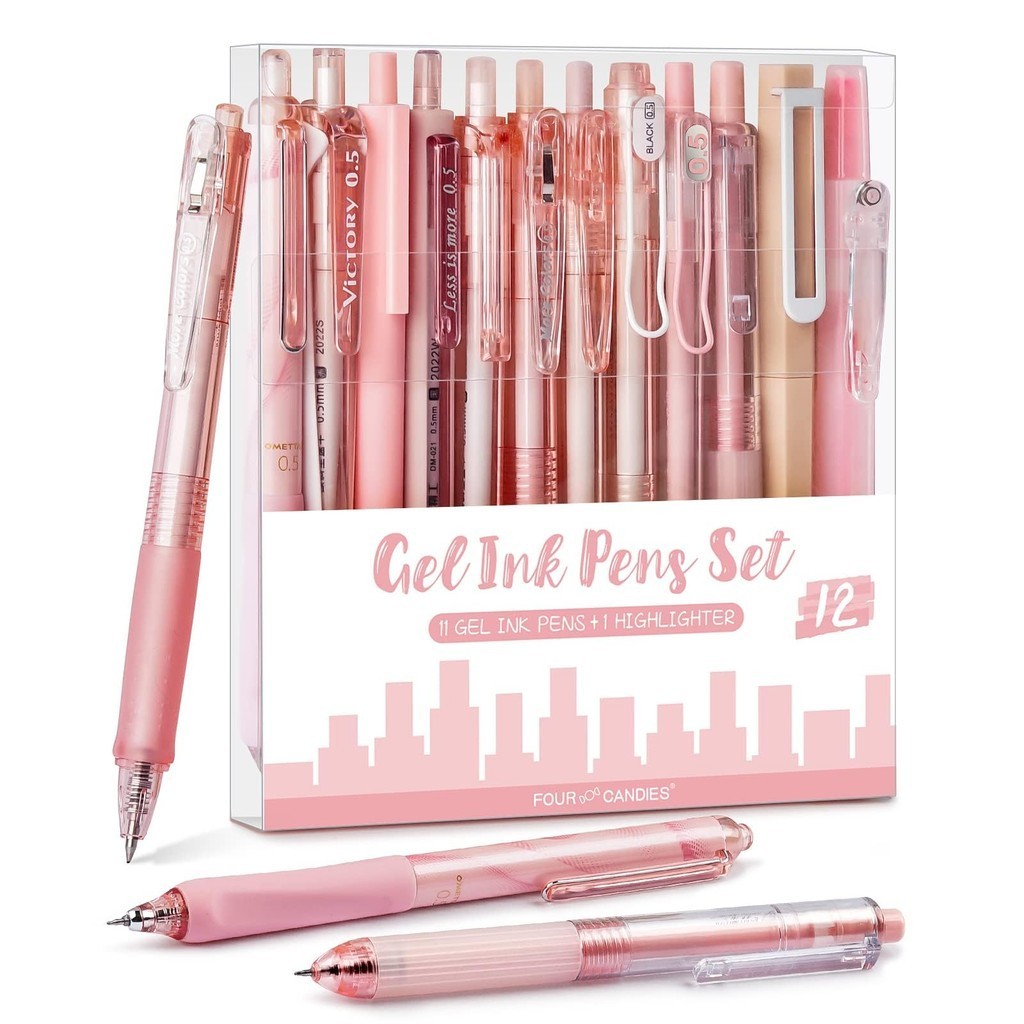 FOUR CANDIES 12 Pastel Gel Ink Ball Pen Set 11 Gel Ball Pen & 1 Stull ...