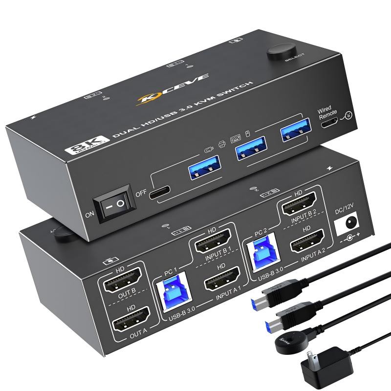 8K HDMI KVM Switch 2 Monitors 2 Computers 8K 4K,USB 3.0 Dual Monitor ...
