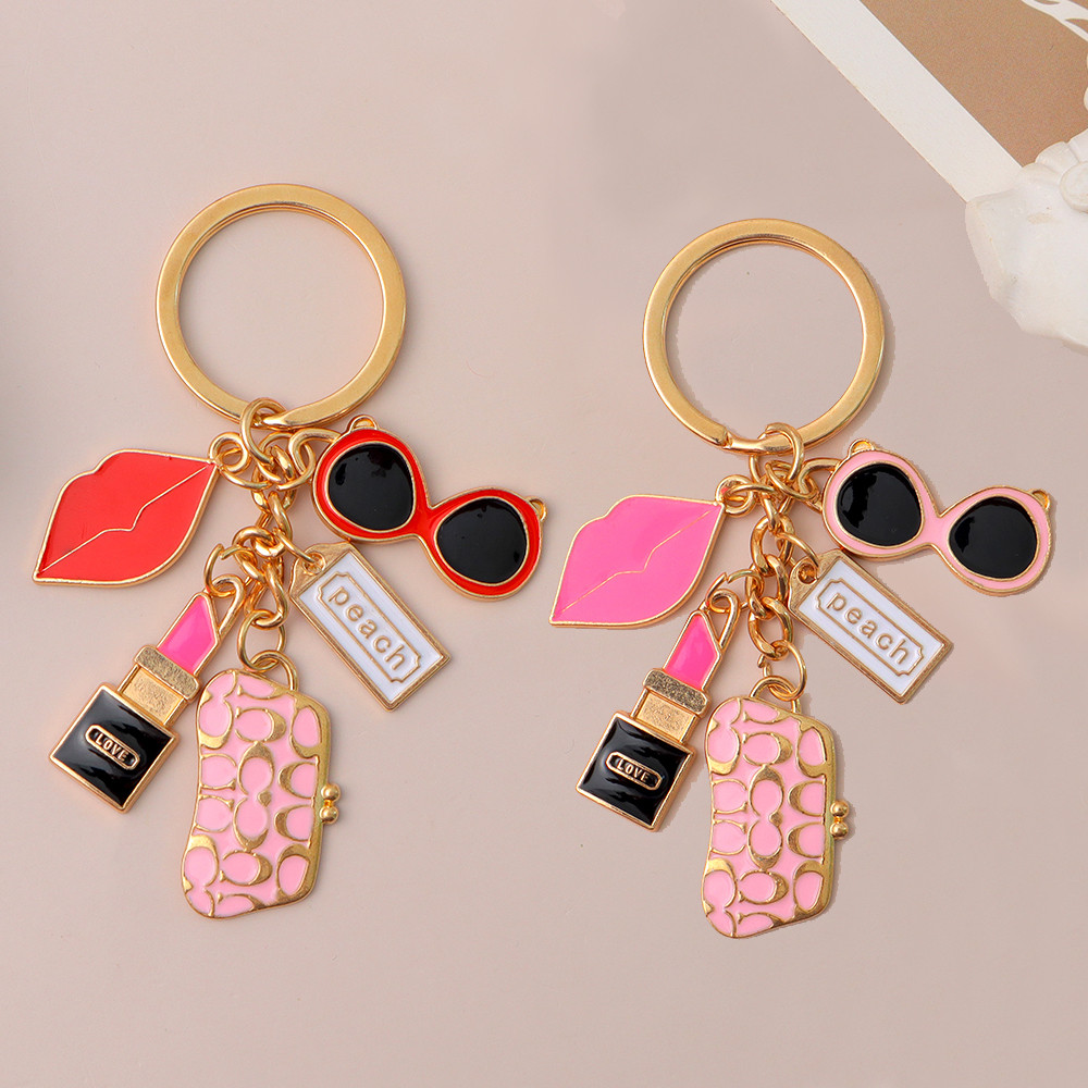 Trendy Metal Mini Handbag Sunglasses Keychain Red Lip Lipstick Pendant ...