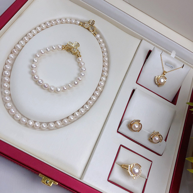 Natural Freshwater Pearl Jewelry Set with Necklace Pendant Necklace Earrings Ring Bracelet Five ...