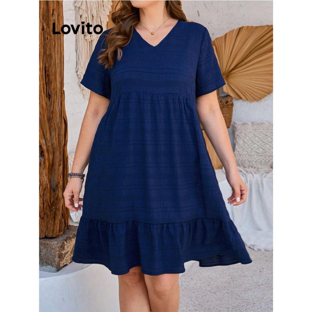 Lovito Women Plus Size Curve Casual Plain Ruffle Dress LNL77494 ...