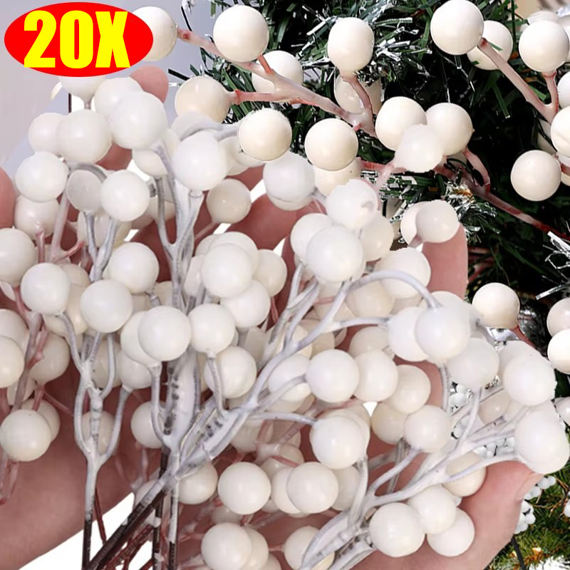 20Pcs Artificial White Berries Stems - Christmas Berry Branches Fake ...