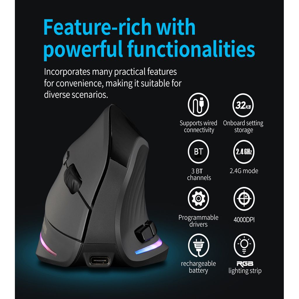 Ergonomic 2.4G Tri-mode Rechargeable Wireless Vertical Silent Mouse ...