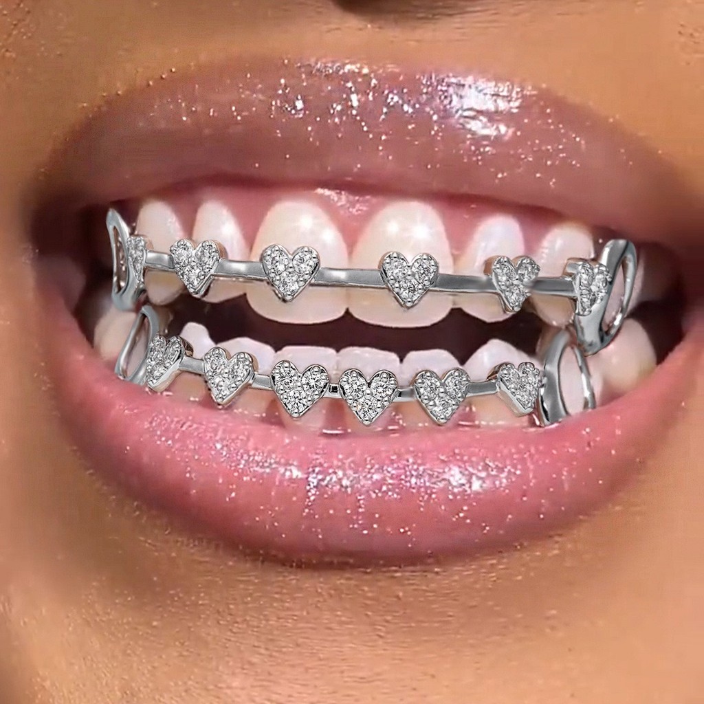 2pcs Hip-hop Jewelry Grillz Heart-shaped CZ Teeth Spliced Hollowed ...