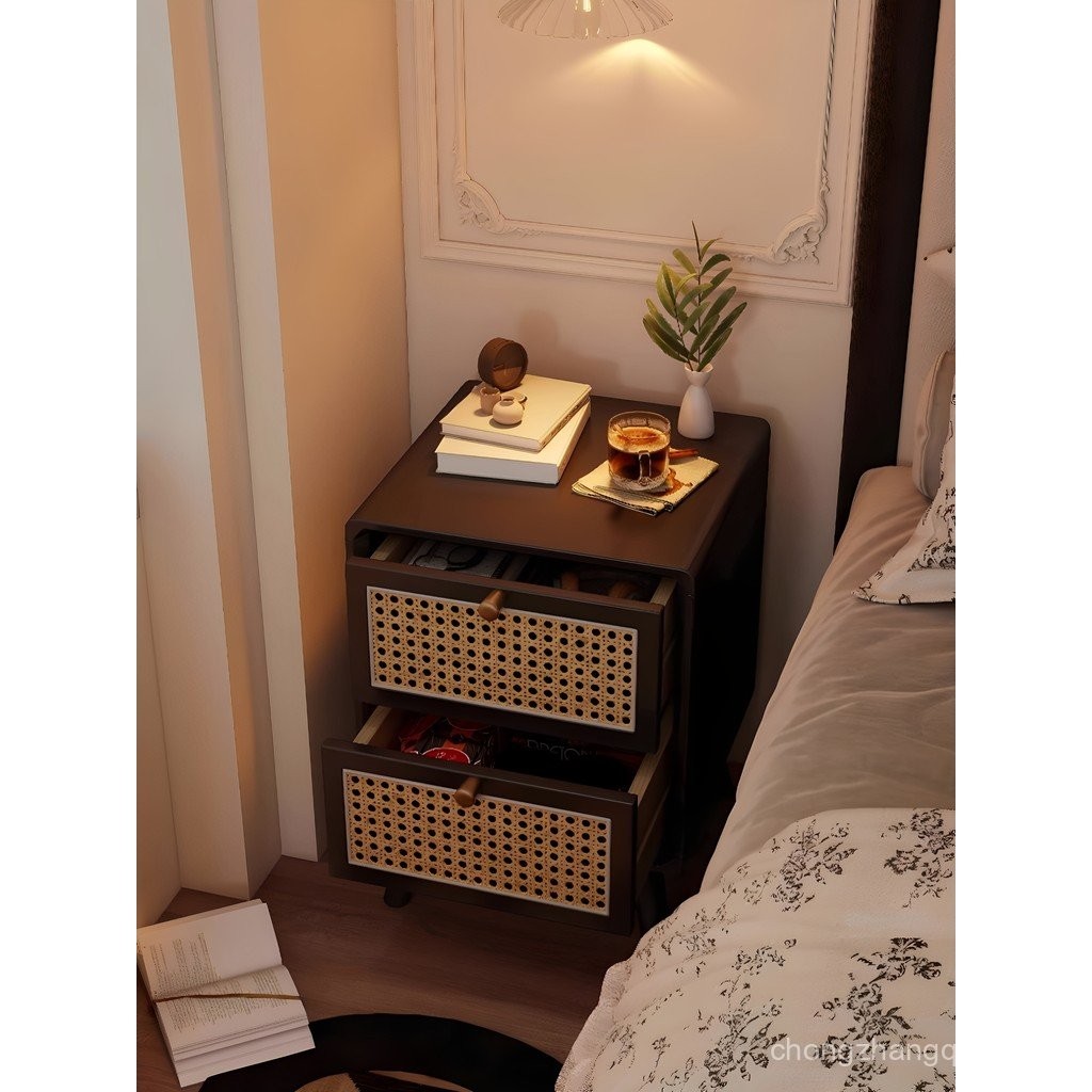 Vintage Style Solid Wood Bedside Table Rattan Home Bedroom Small French ...