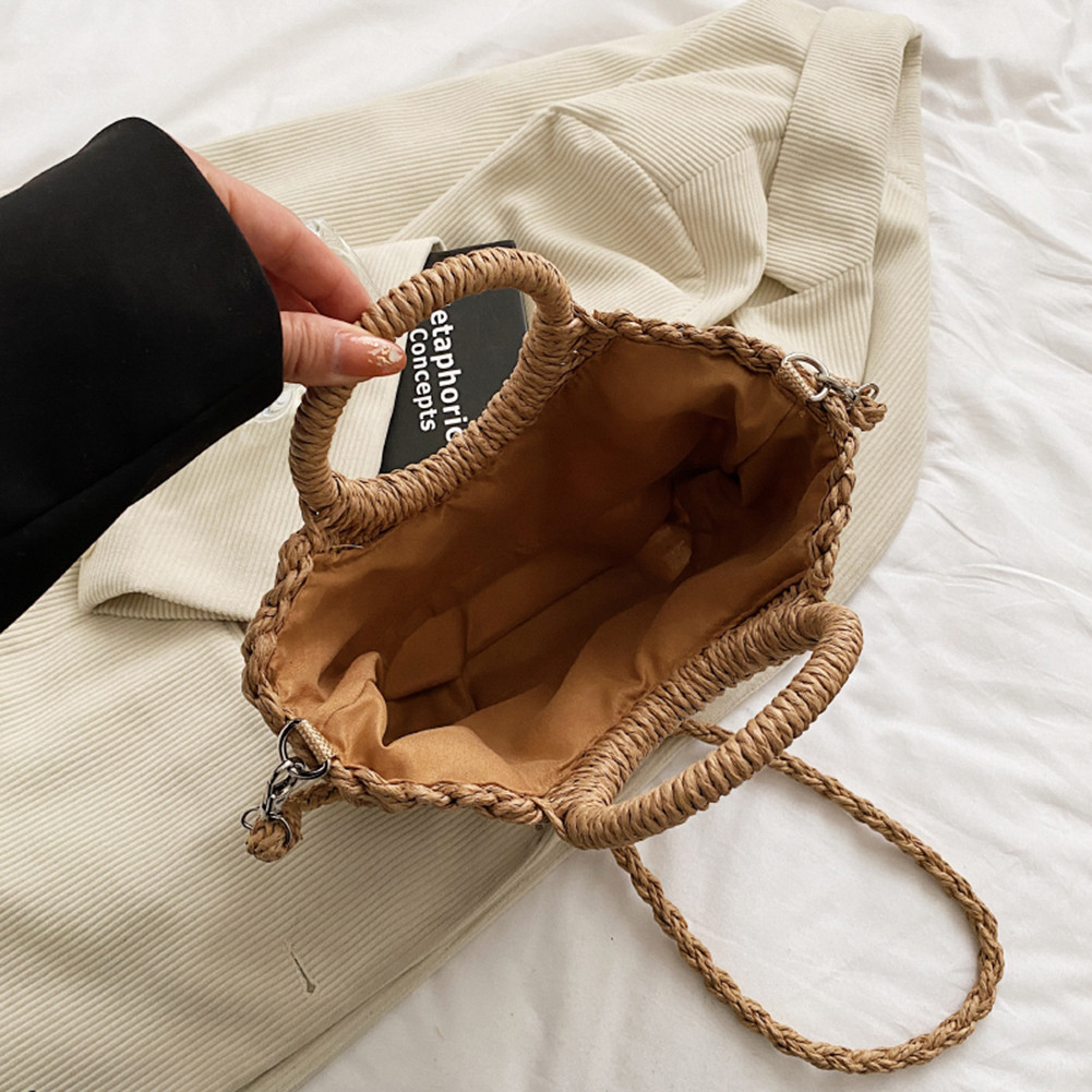 Women Straw Messenger Bag Drawstring Woven Tote Bag Solid Handbag ...