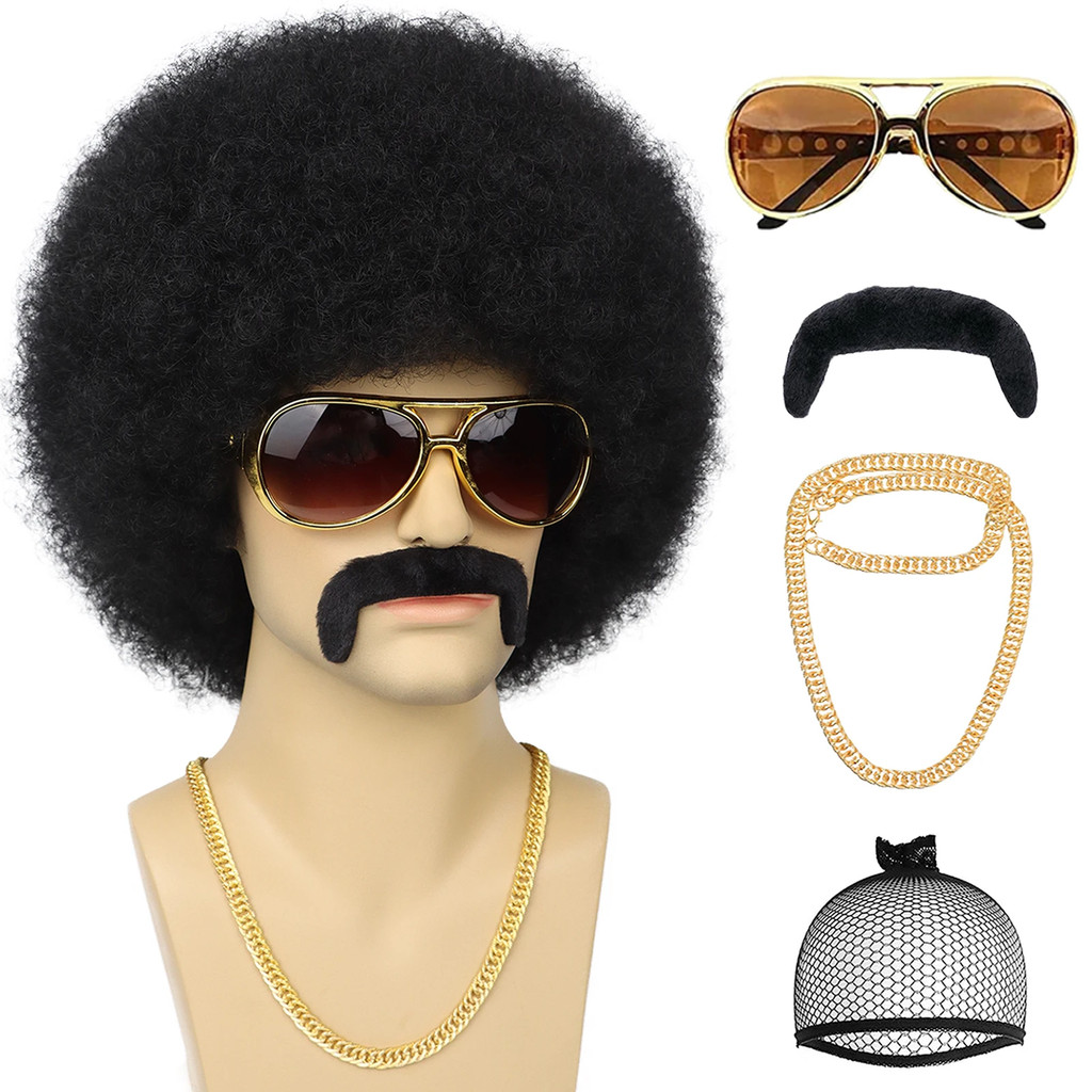 Synthetic 70S Men’s Afro Wig for Disco Party 5pcsSet Black Hippie Afro ...