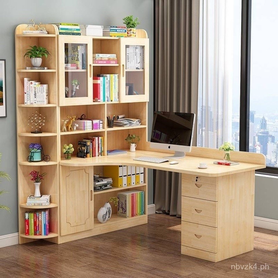 Solid Wood Corner Desk Bookshelf Combination Computer Desktop Desk ...