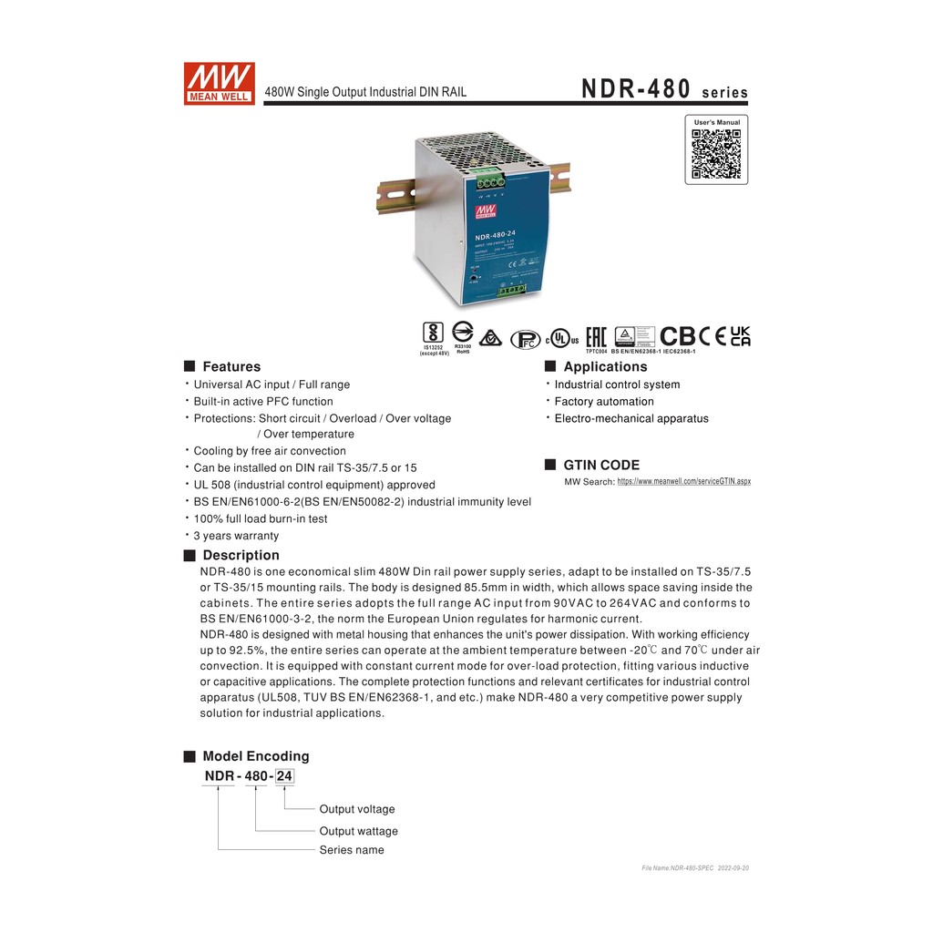 NDR-480 MEAN MELL 24V 48V DIN rail switching power supply NDR-480-24 NDR-480-48 MEAN WELL ...