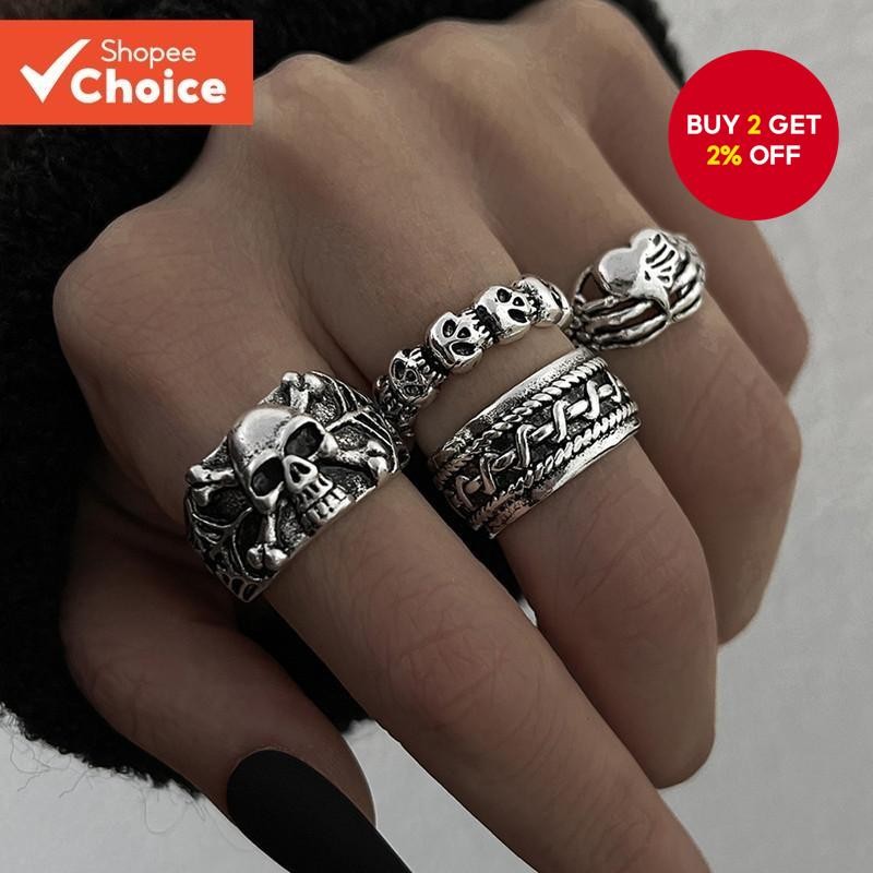 4 Pcs Punk Goblin Skull Heart Ring Set, Edgy Accessories for a Unique ...