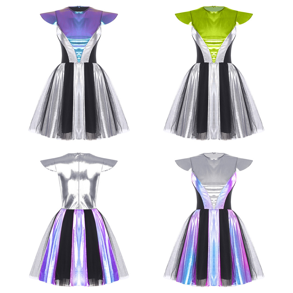 inhzoy Women Space Alien Costume Shiny Metallic Dress Patchwork Color ...