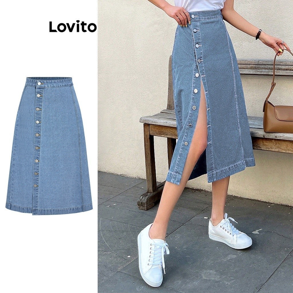 Lovito Women Casual Plain Asymmetrical Spiked Structure Line Denim