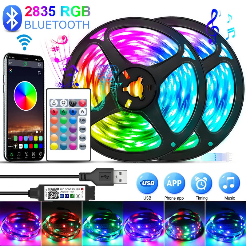 USB LED Strip Light Tape 2835 Bluetooth SMD 5V USB RGB Lights Flexible ...