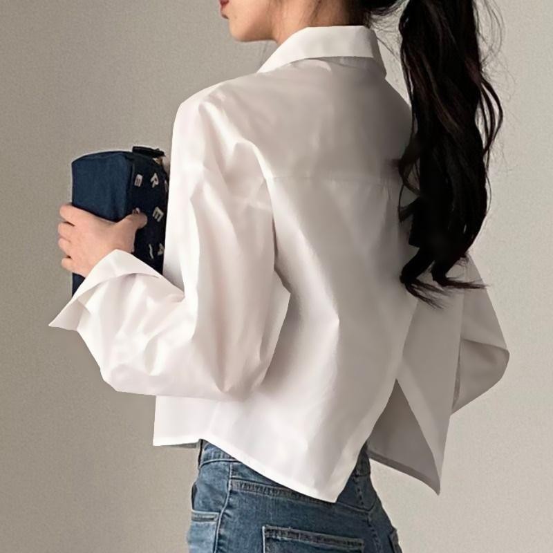 Blouse Back slit loose lapel short long sleeve shirt for women#W411 ...