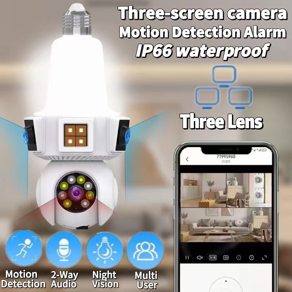 CCTV Camera 1080P Threen Lens Bulb CCTV Camera Night Vision Two-Way ...
