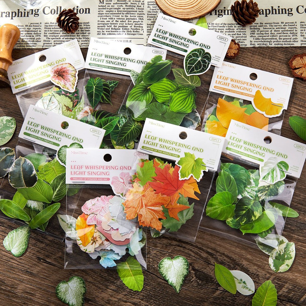 30 Pcs/pack Vintage Fall Leaf Stickers Green Leaves Stickers Set Autumn ...