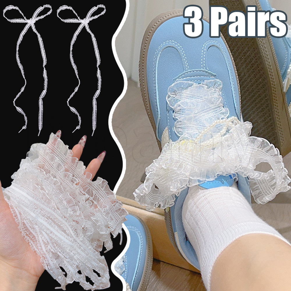 3 Pairs 120cm Lace Shoelaces - White Fancy Ribbon Shoelaces - Lace Wave ...