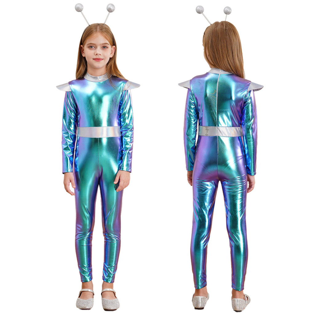Kids Halloween Alien Cosplay Costume Long Sleeve Metallic Shiny ...