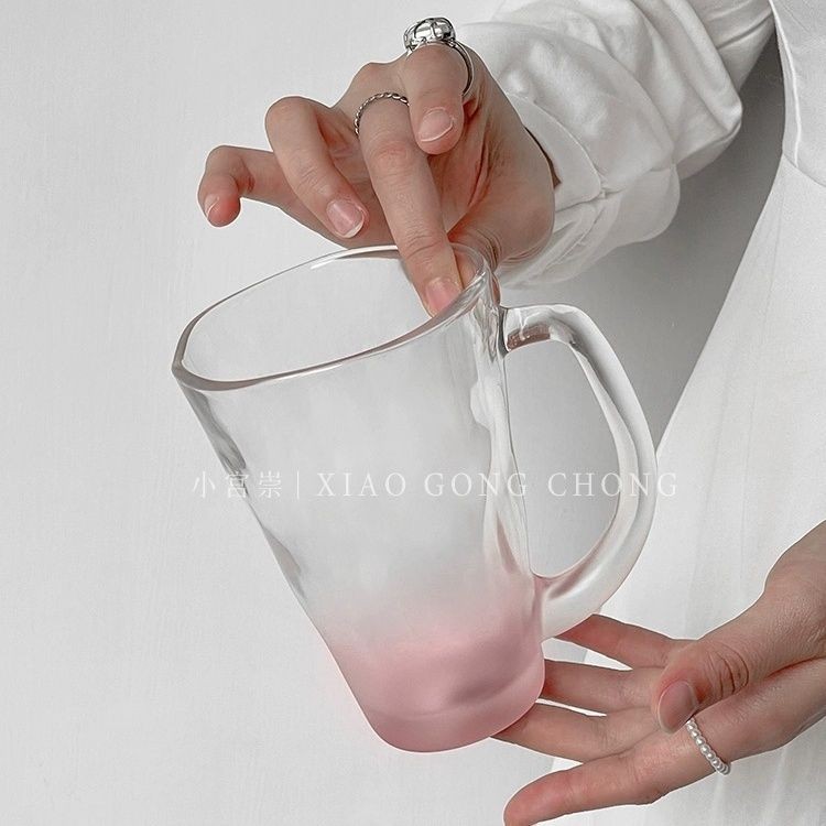 Girl Heart Gradient Pink Glass Cup Medieval Water Cup with Handle High ...
