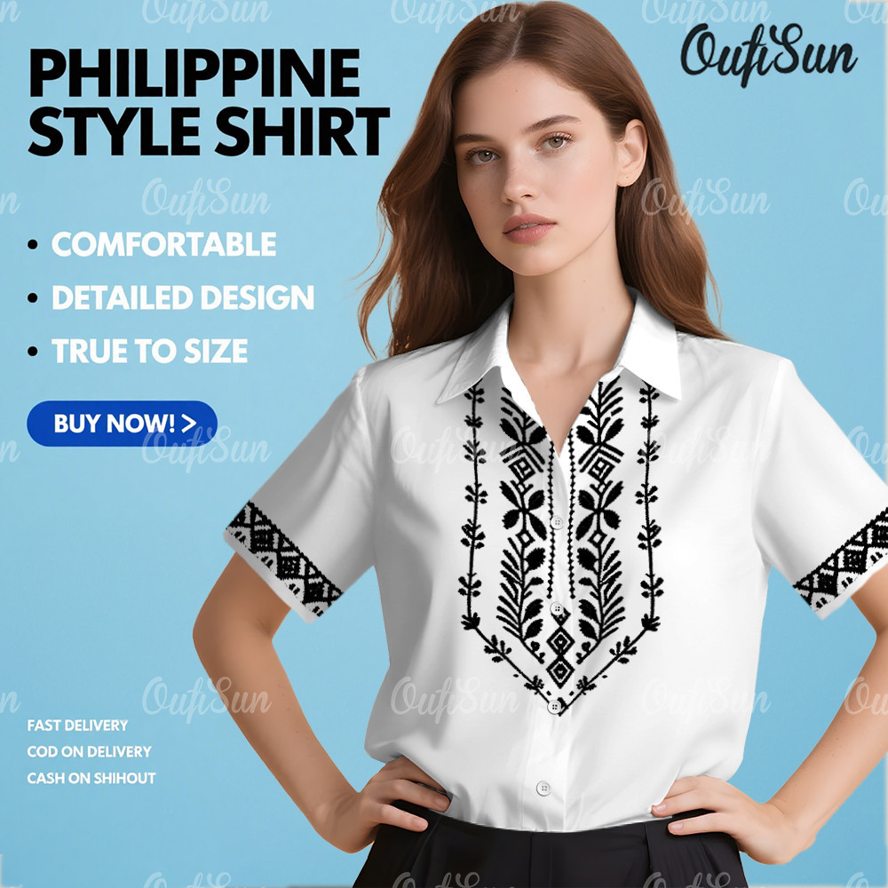 Barong Short Sleeve Tagalog For Women Retro Ethnic Shirt Asean Attire ...